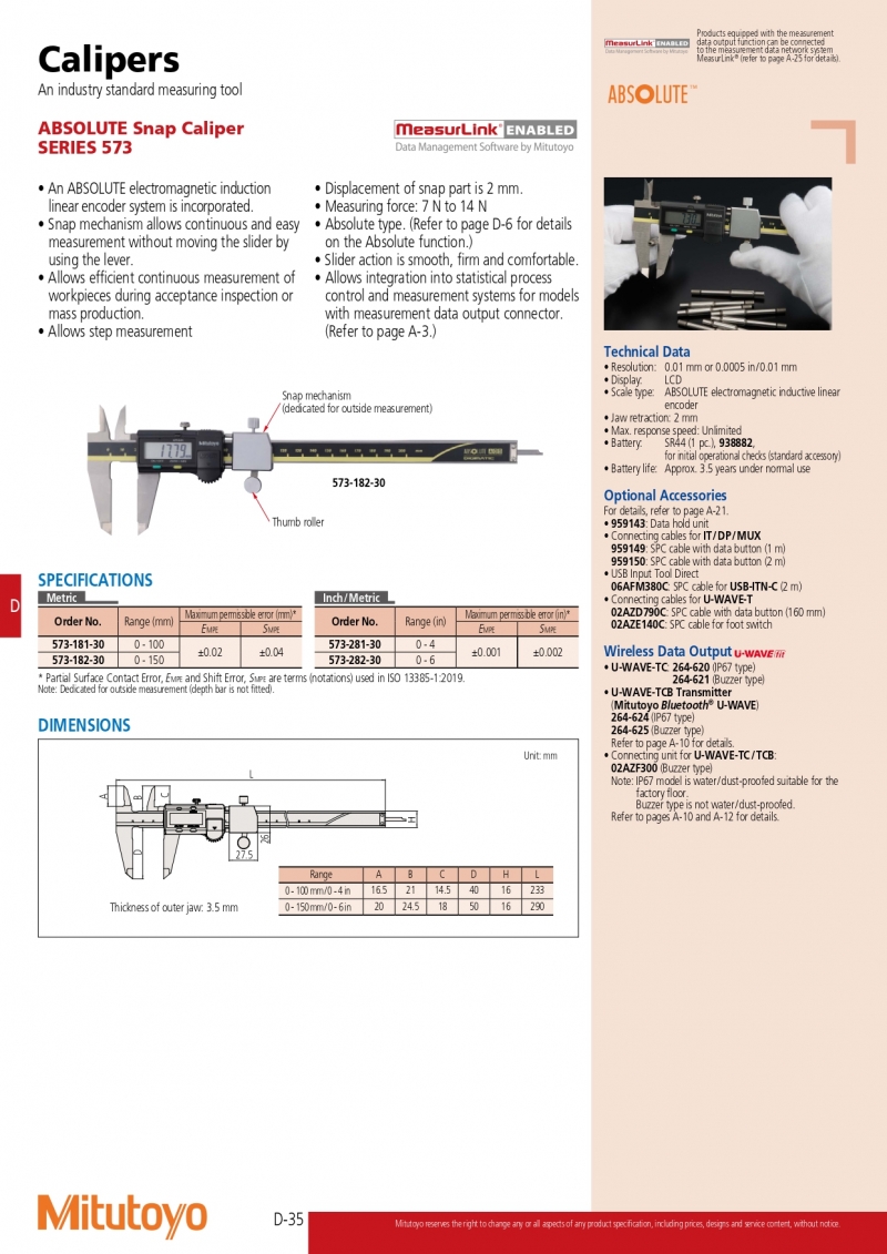 573-181-30 Thước cặp điện tử 0-100mm x0.01, snap caliper