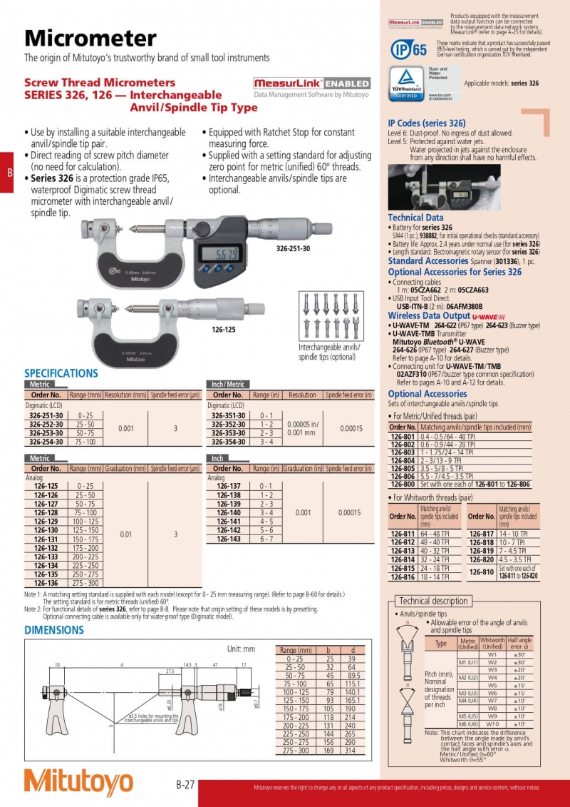 Panme cơ khí đo ren series 126 Mitutoyo hệ Inch